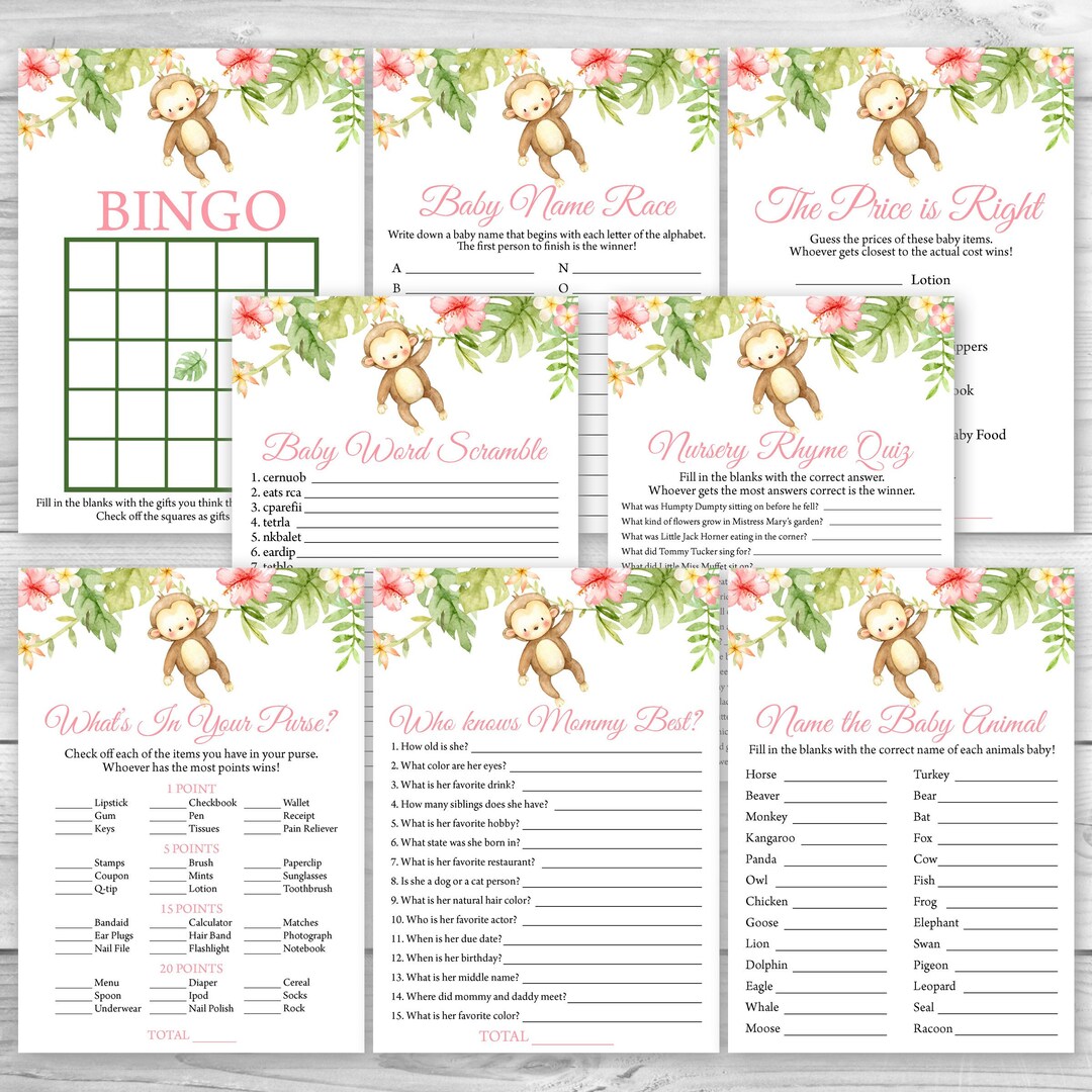 Monkey Baby Shower Game Package, 8 Printable Monkey Baby Shower Games ...