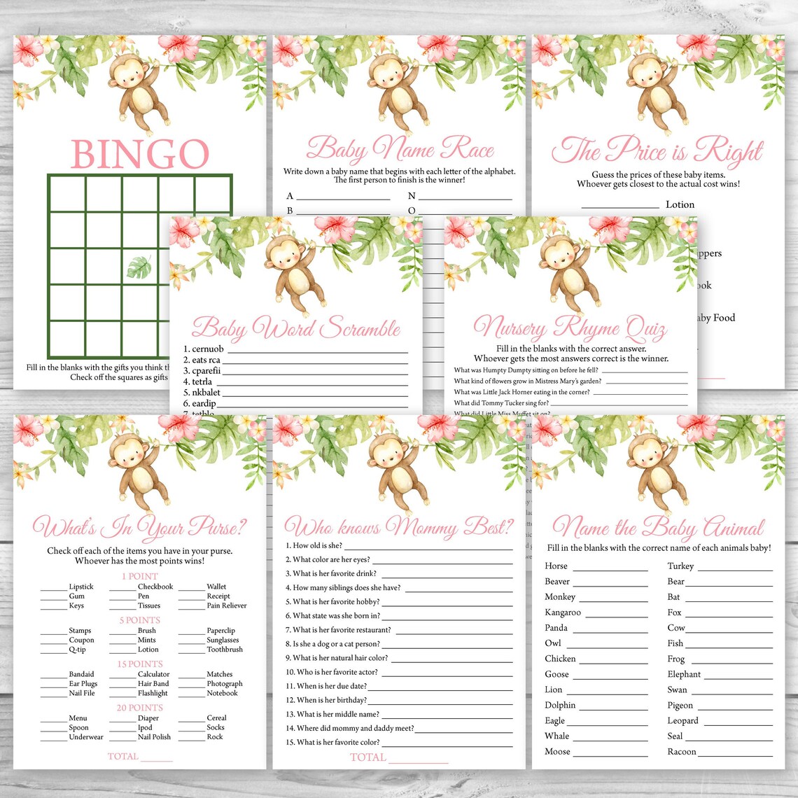 Monkey Baby Shower Game Package, 8 Printable Monkey Baby Shower Games ...