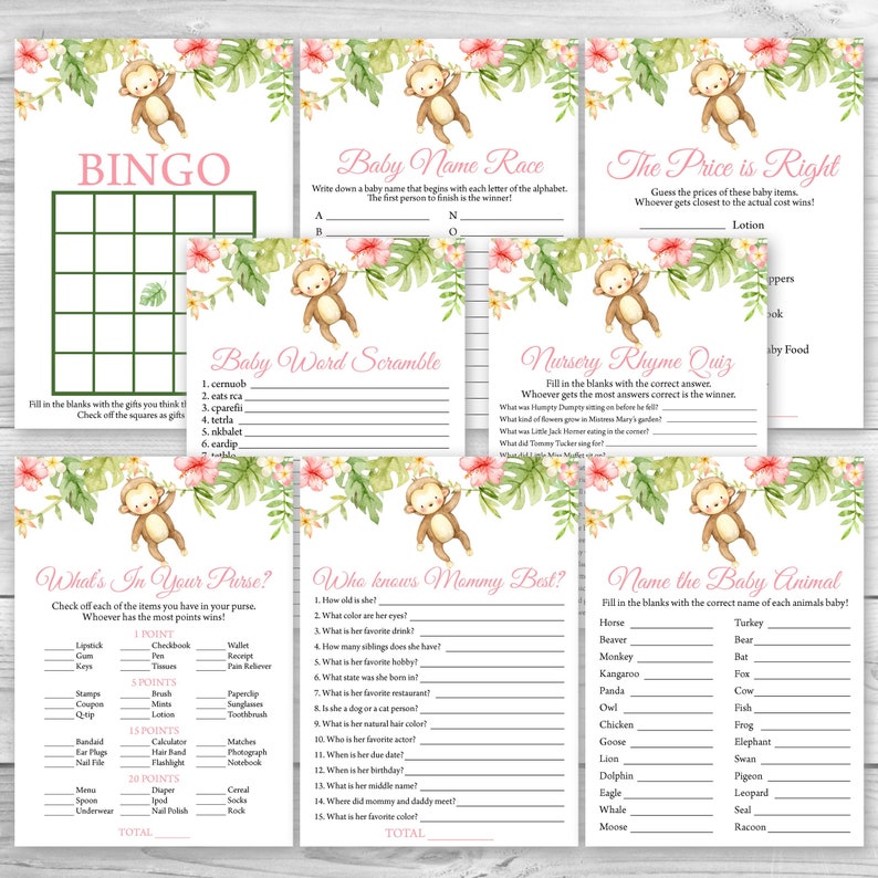 Monkey Baby Shower Game Package, 8 Printable Monkey Baby Shower Games ...