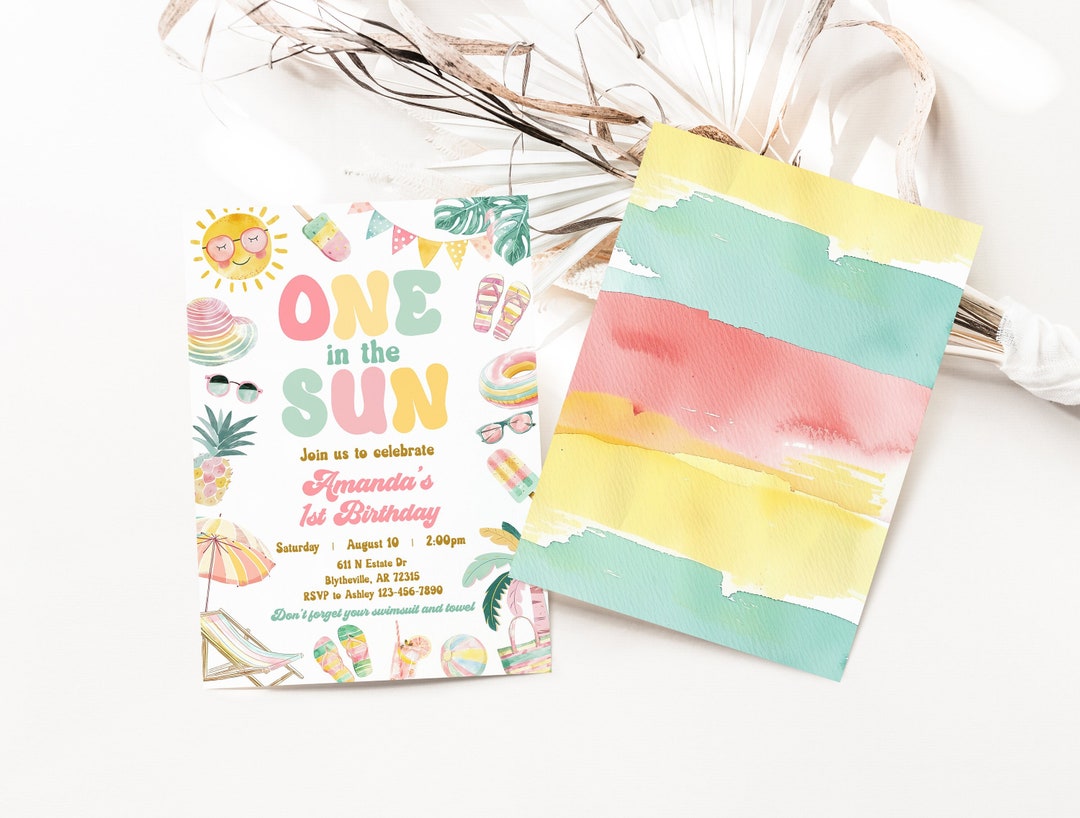 Editable One in the Sun 1st Birthday Party Invitation Pool Party ...