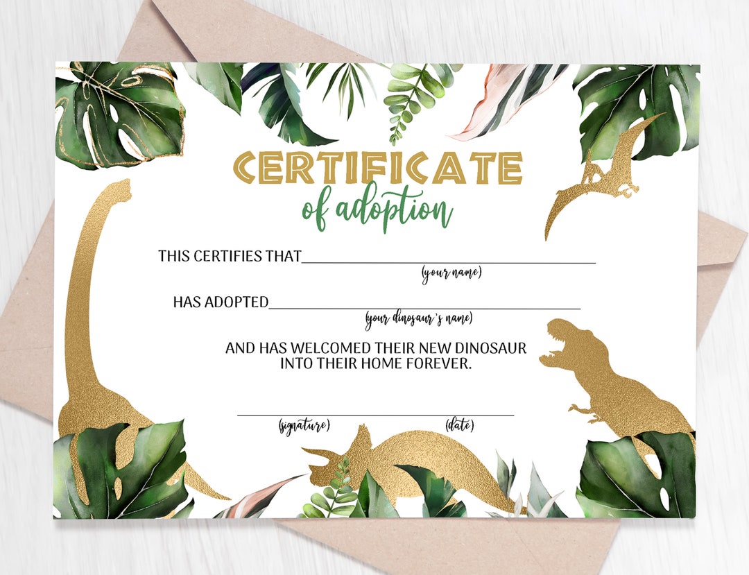 Adopt a Dinosaur Adoption Certificate, Gold Dinosaurs Adoption Wild One ...