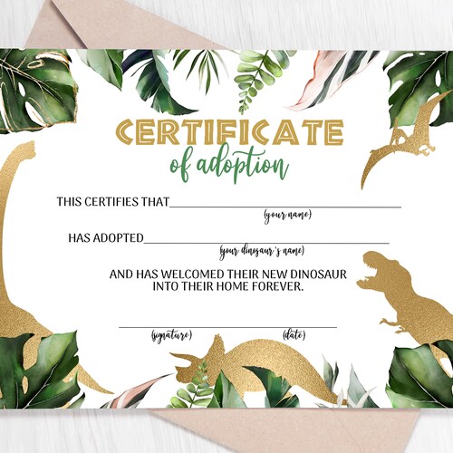 Adopt a Dinosaur Adoption Certificate Blue Dinosaurs Adoption - Etsy