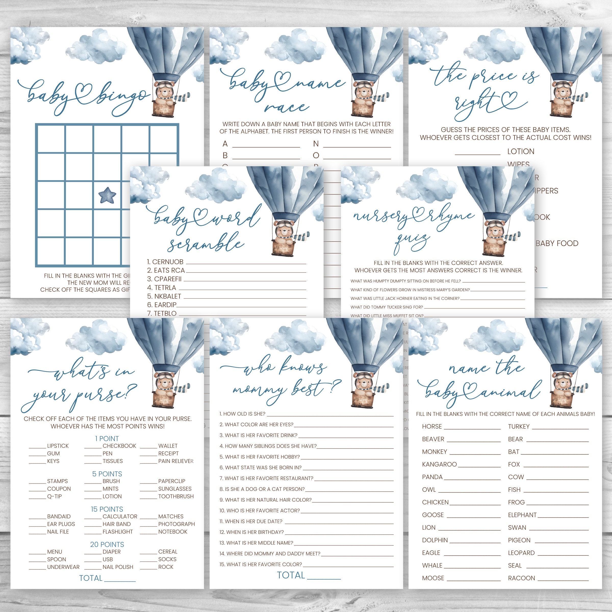 Bear Hot Air Balloon Baby Shower Game Package 8 Printable Blue Bear ...
