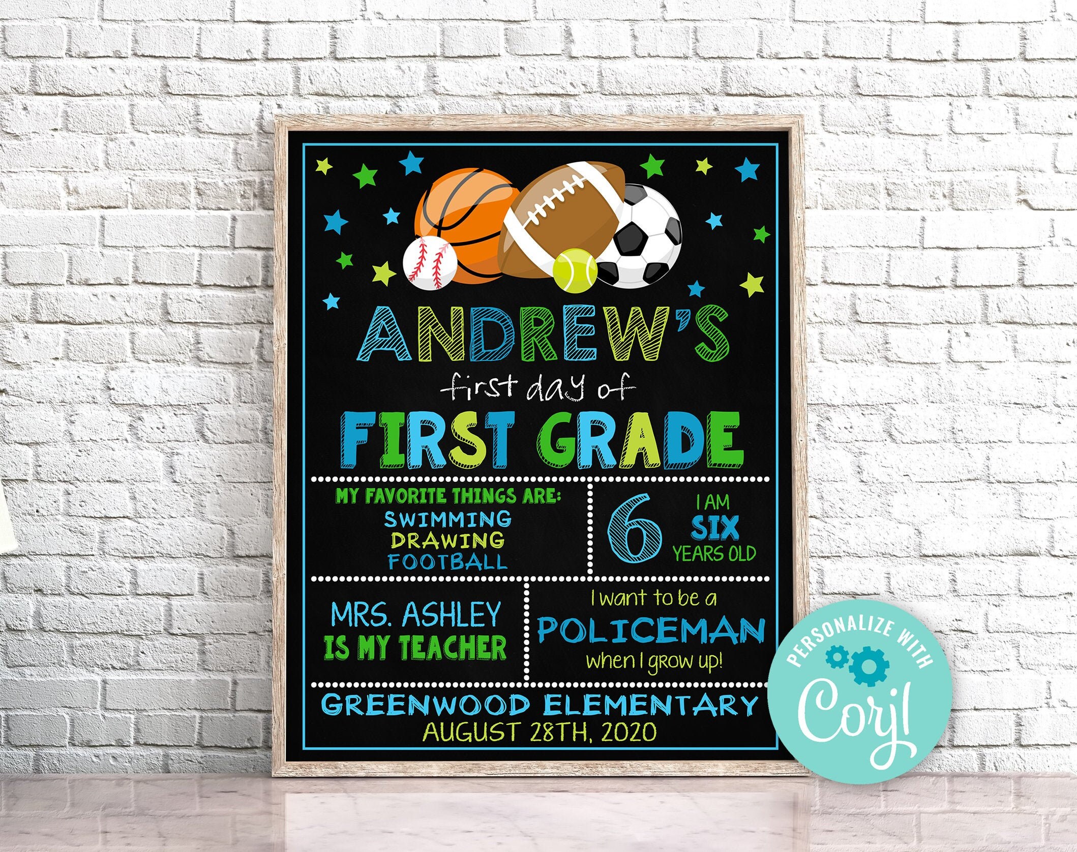Editable First Day of 1st Grade Sign, Sport First Day of First Grade ...