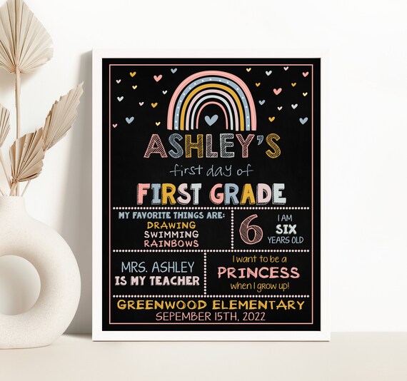 Editable First Day of First Grade Sign Boho Rainbow First Day - Etsy