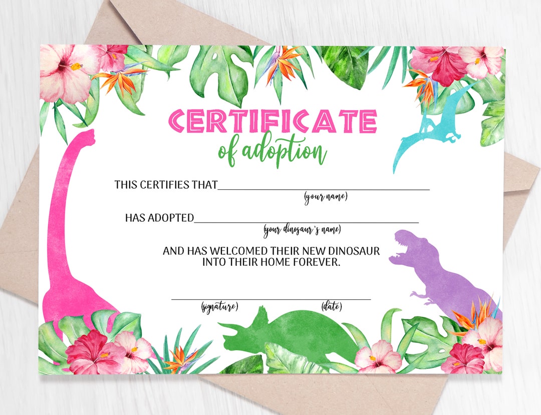 Adopt a Dinosaur Adoption Certificate Pink Dinosaurs Adoption Wild One ...