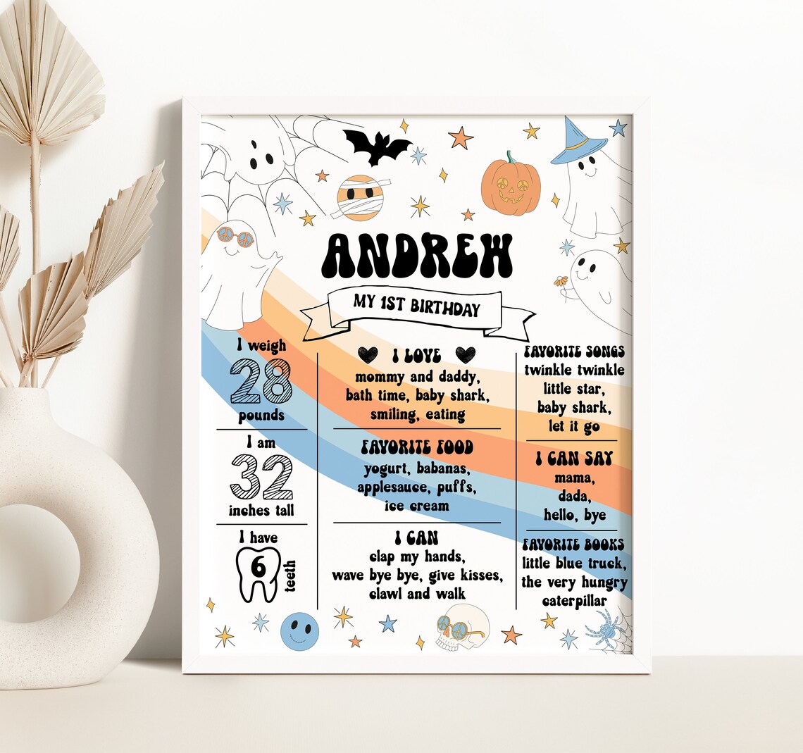 Editable Groovy Retro Halloween Milestone Birthday Poster Boy Ghost ...