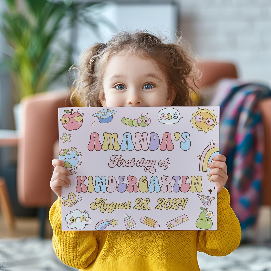 Editable First Day of Kindergarten Sign Girly Groovy First Day of ...
