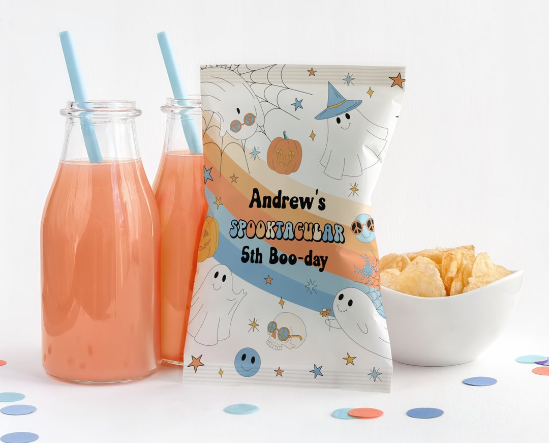 EDITABLE Spooky Halloween Ghost Chip Bag Wrapper Labels Retro Groovy ...