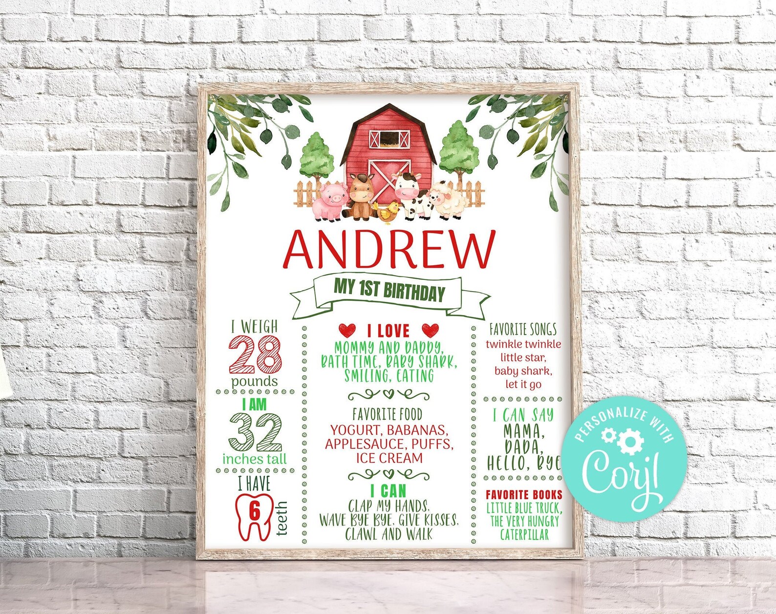 Editable Farm Milestone Birthday Poster, Boy Farm Animals First ...