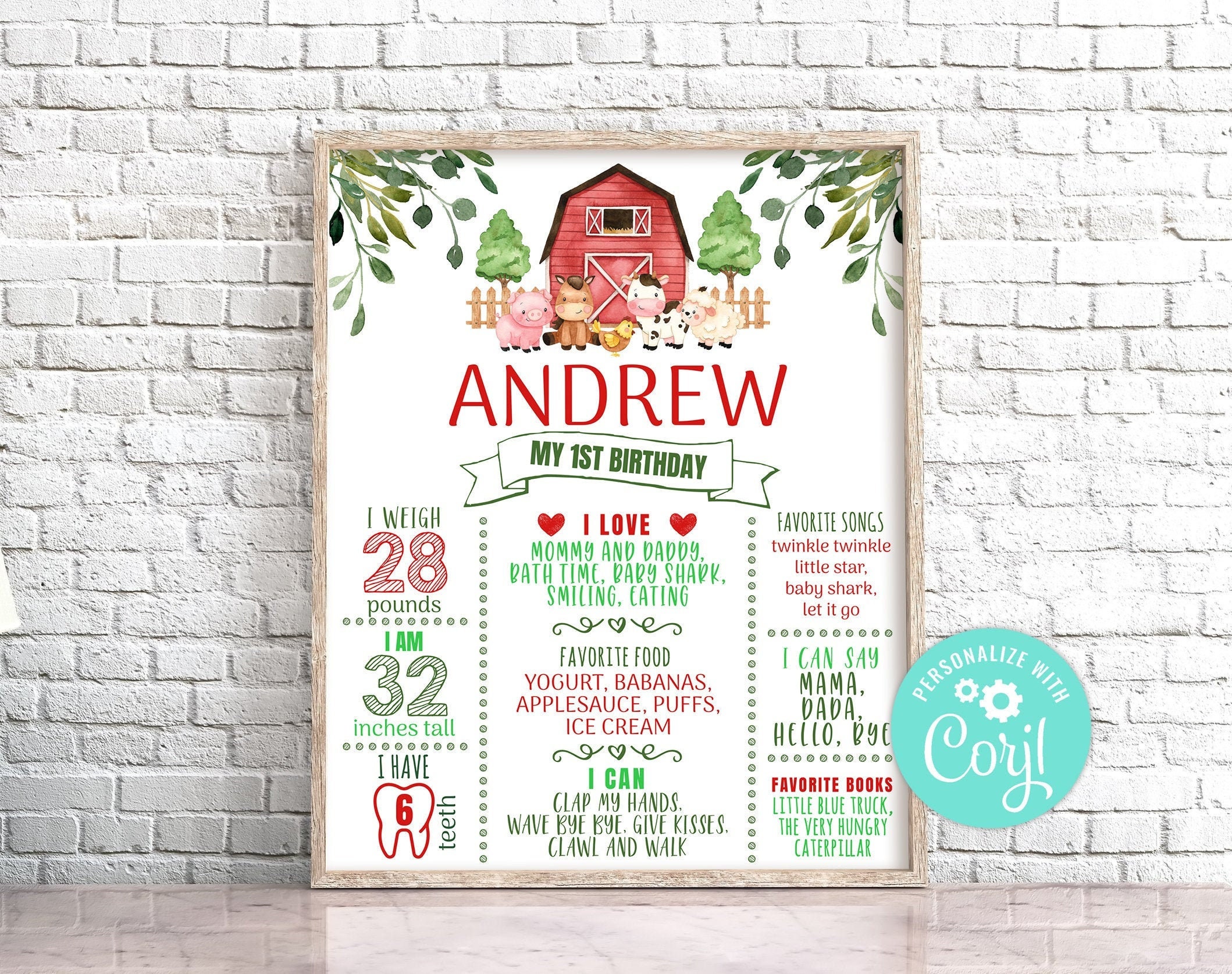Editable Farm Milestone Birthday Poster, Boy Farm Animals First ...
