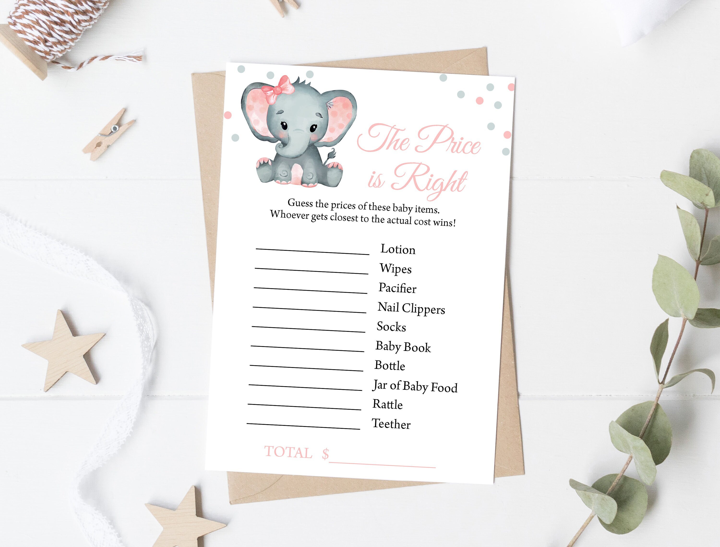 Pink Elephant the Price is Right Baby Shower Game Girl Elephant Baby ...