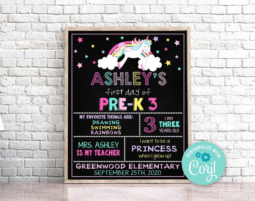 Editable First Day of Pre-k Sign, Unicorn First Day of Pre-k ...