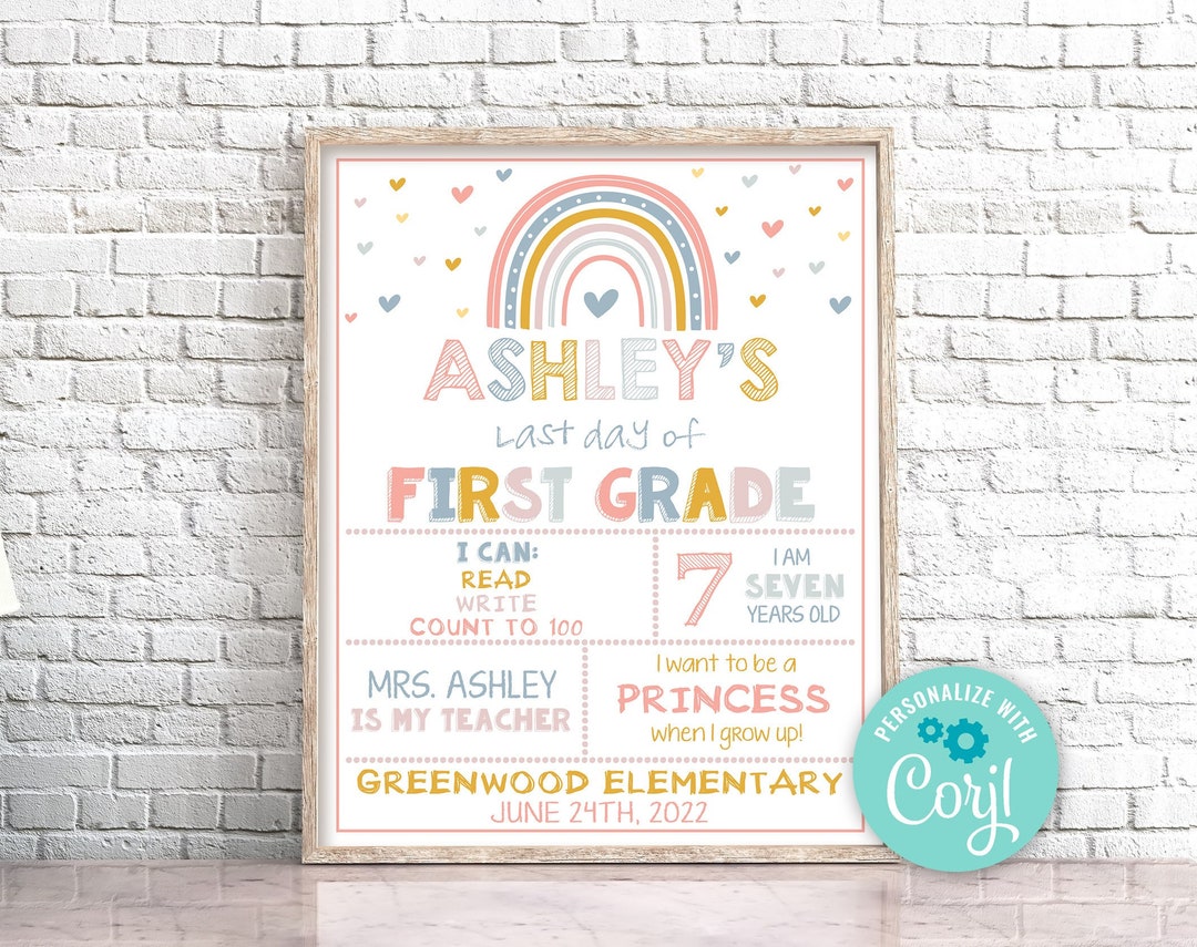Editable Last Day of First Grade Sign Boho Rainbow Last Day of School ...