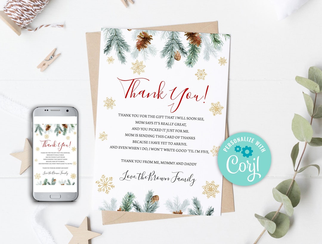 Editable Winter Thank You Card Winter Baby Shower Thank You Christmas ...