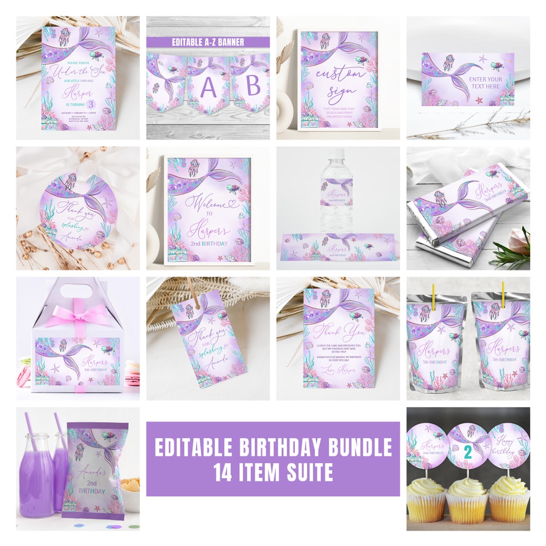 EDITABLE Mermaid Birthday Invitation and Bundle Mermaid Under the Sea ...