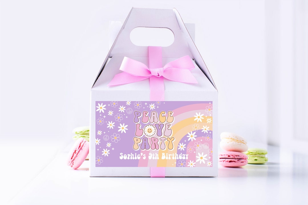 EDITABLE Groovy Birthday Party Gable Box Favor Labels Rainbow Peace ...
