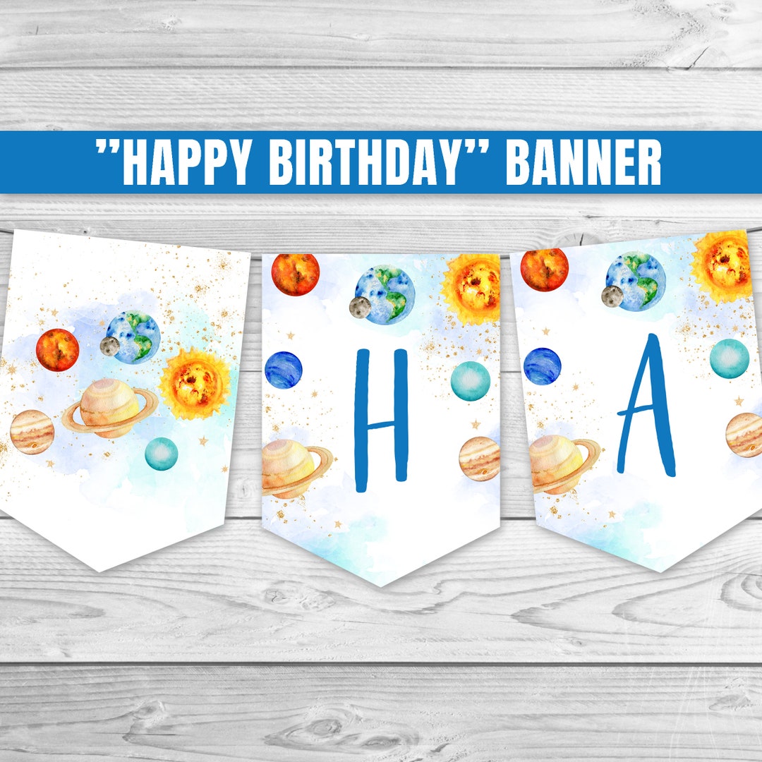Space Birthday Banner Blue Gold Galaxy Birthday Banner Planets Outer ...