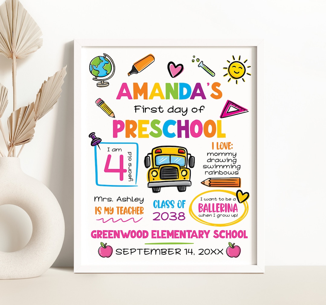 Editable Back to School Sign First Day of Preschool Sign Girly Colors ...