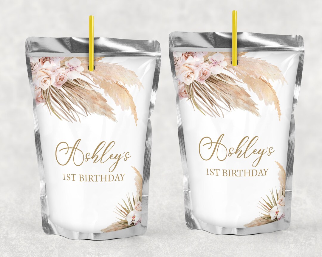 EDITABLE Boho Juice Labels Pink Bohemian Pampas Grass Juice Pouch ...