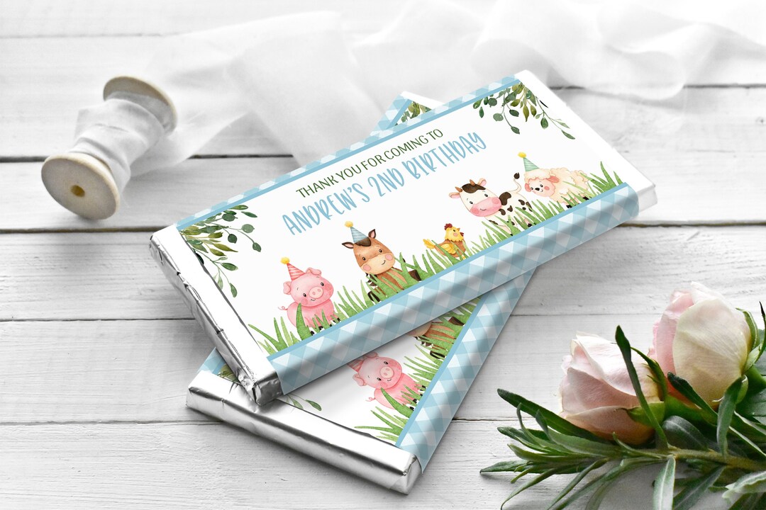 EDITABLE Farm Animals Chocolate Bar Wrapper Blue Farm Birthday Candy ...
