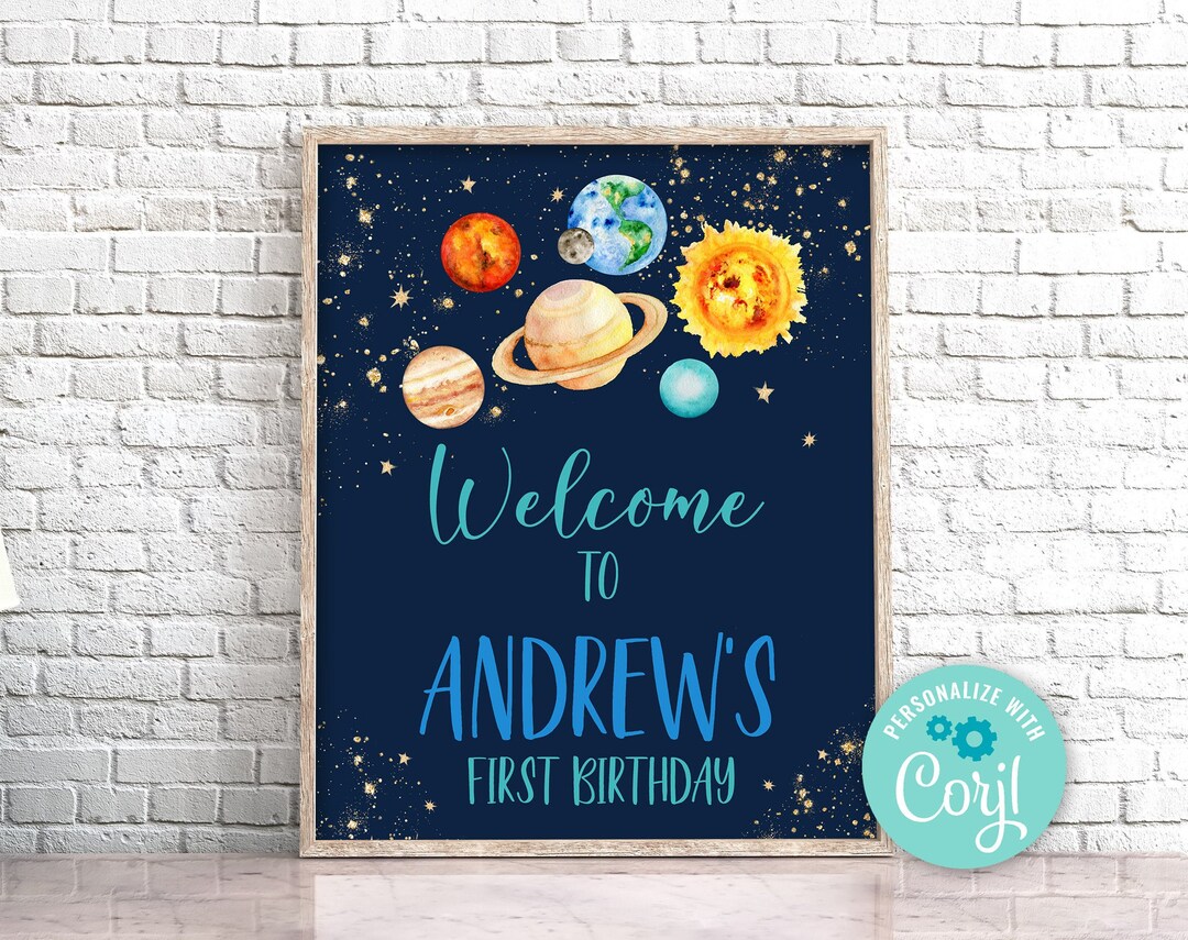 Editable Outer Space Birthday Welcome Sign Moon Solar System Galaxy ...