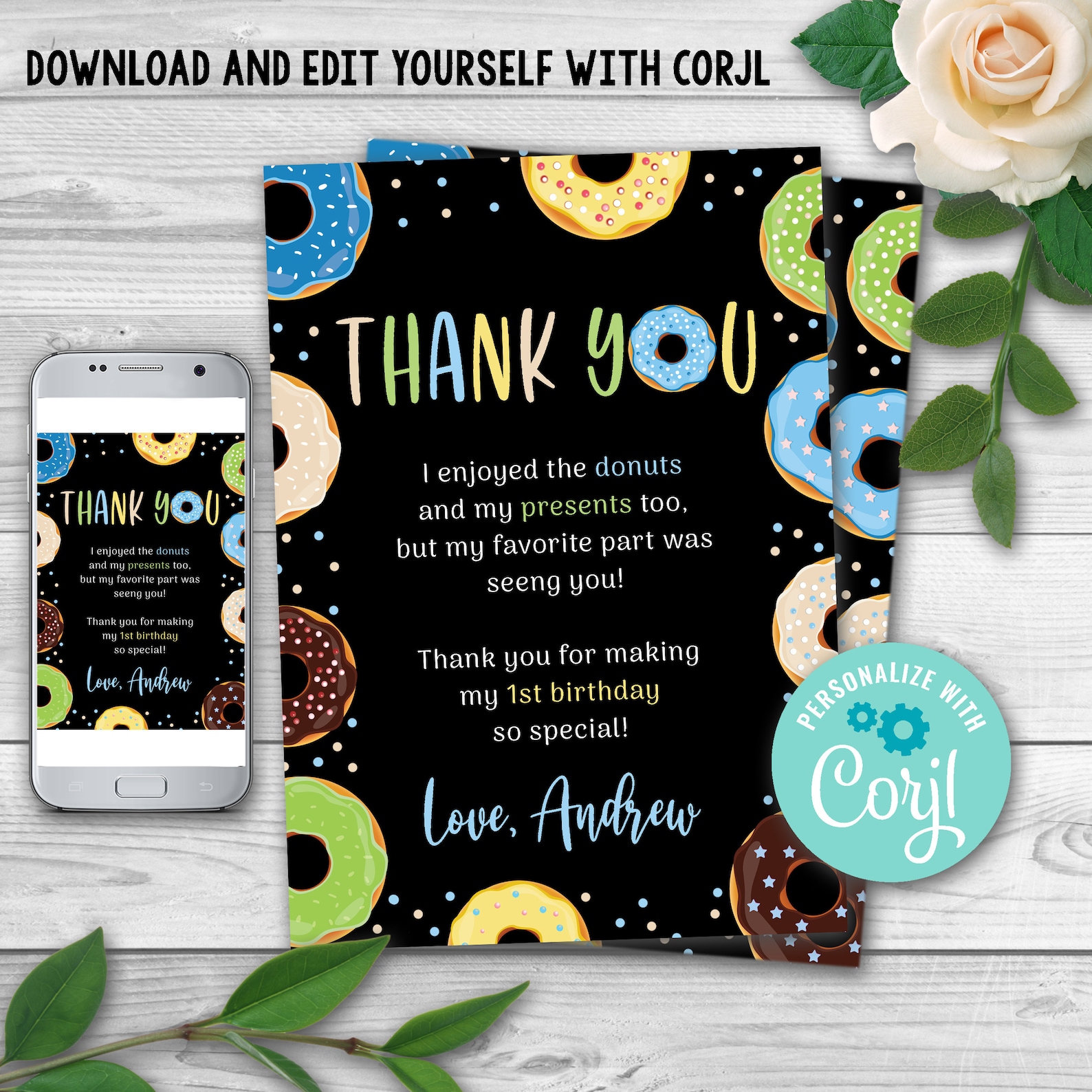 Editable Donut Thank You Card Blue Donut Birthday Party Thank - Etsy