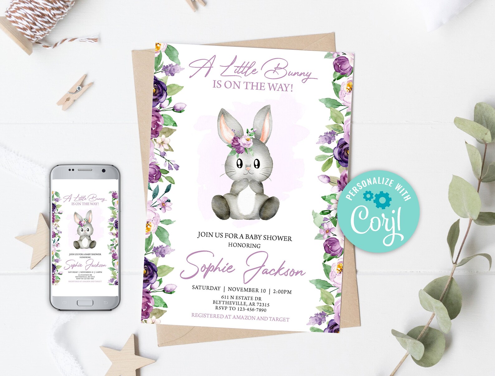 Editable Bunny Baby Shower Invitation Girl Bunny Baby Shower | Etsy