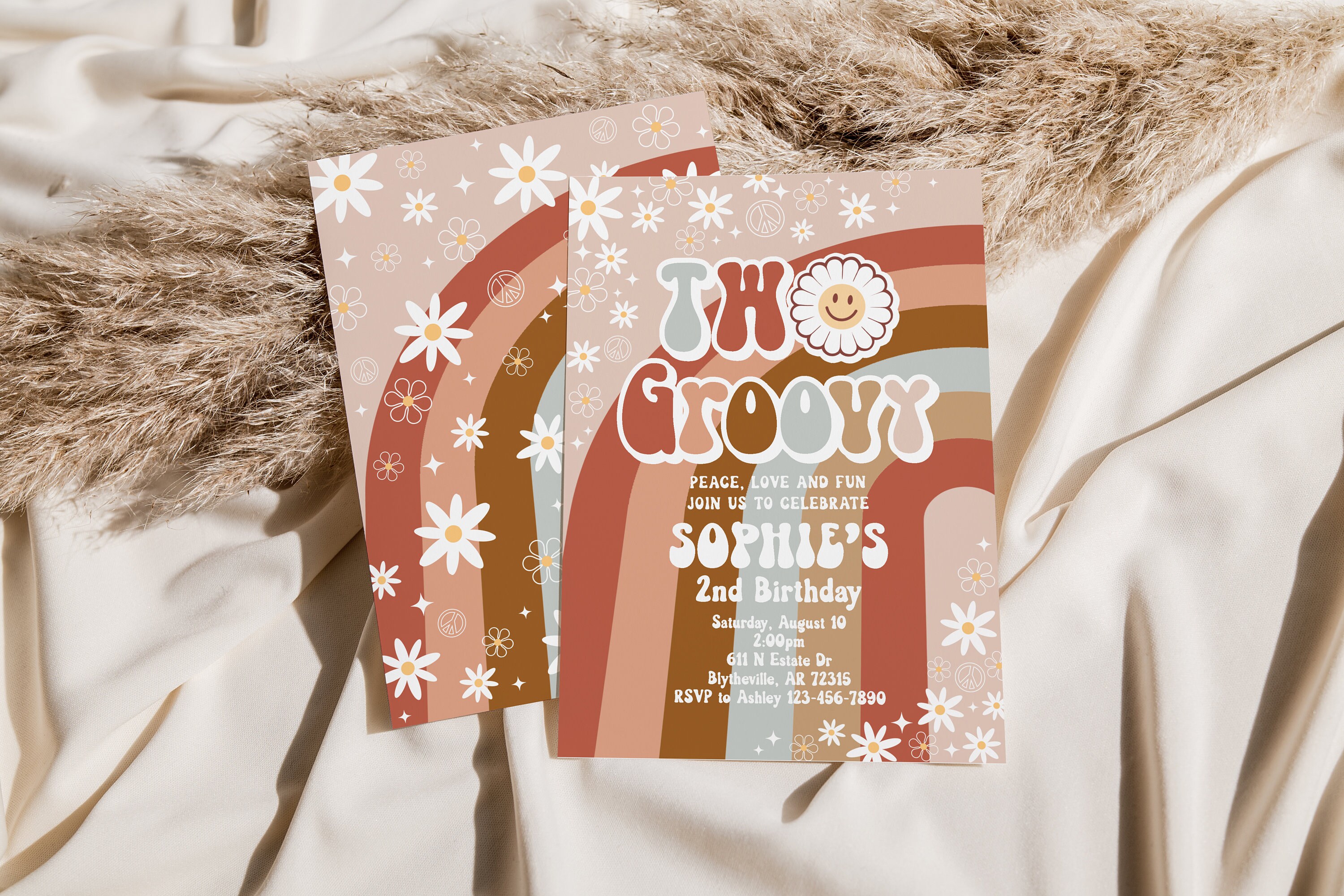 Editable Two Groovy Birthday Party Invitation Daisy Hippie | Etsy