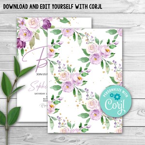 EDITABLE Purple Floral Baby Shower Invitation, Girl Baby Shower ...