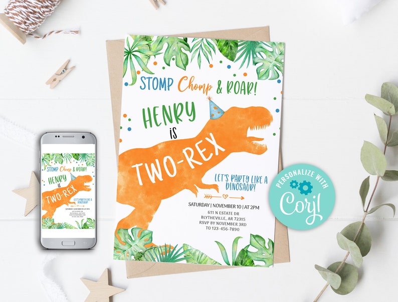 EDITABLE Two-rex Dinosaur Birthday Invitation Dino T-rex - Etsy