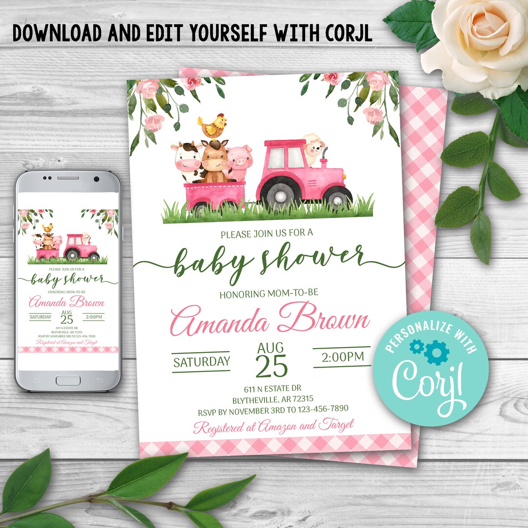 Editable Farm Baby Shower Invitation. Pink Farm Animals Baby Shower ...