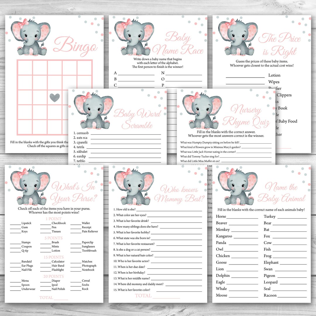 Pink Elephant Baby Shower Game Package 8 Printable Elephant Baby Shower ...