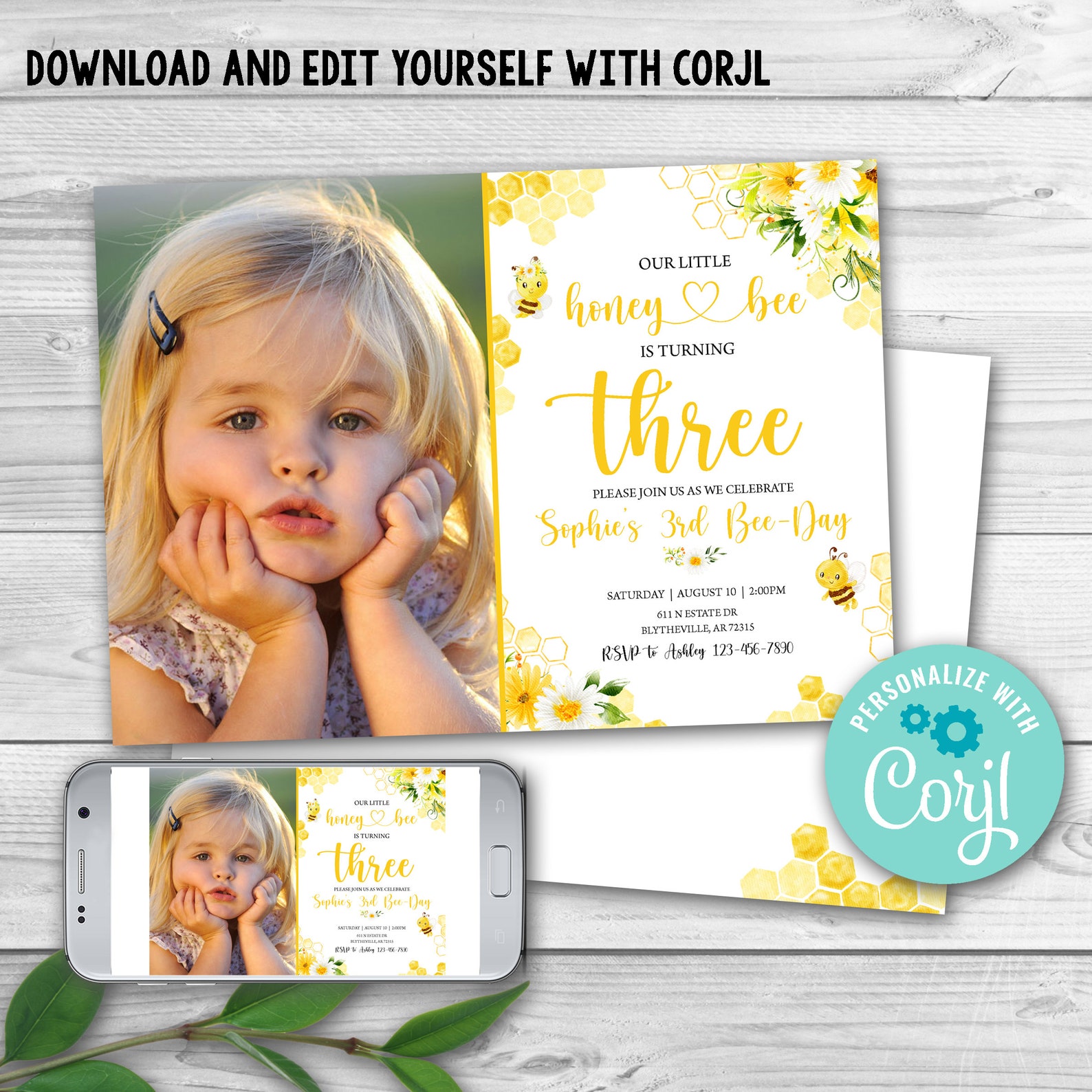 Editable 3rd Bee Birthday Invitation Bumble Bee Birthday Party 3rd Bee ...
