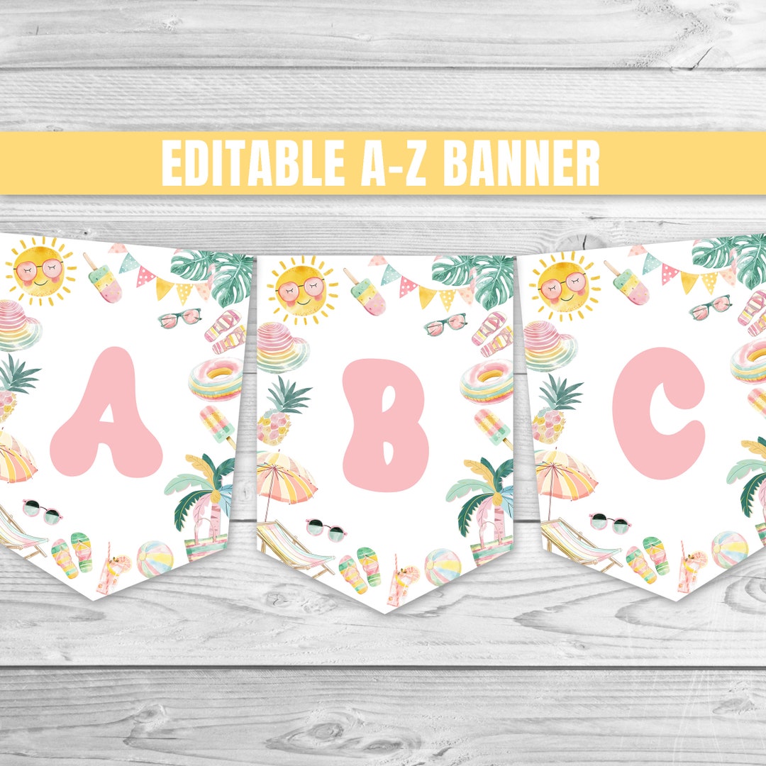Editable Pool Birthday Party Banner Tropical Splish Splash Girly Pool ...