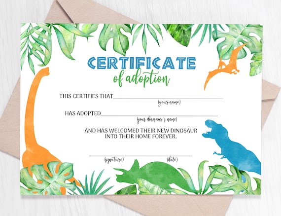 Adopt a Dinosaur Adoption Certificate Blue Dinosaurs Adoption - Etsy