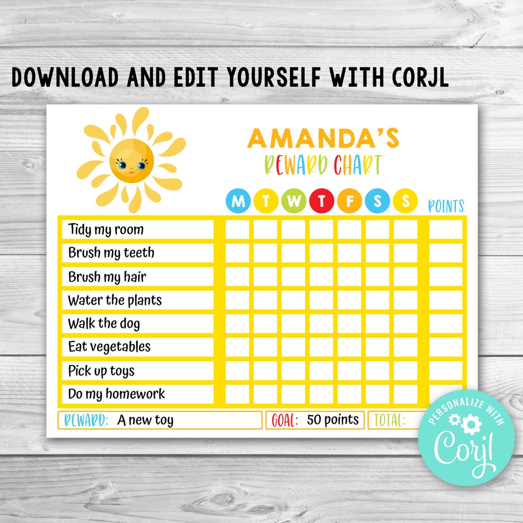Editable Sunshine Reward Chart for Kids, Sunshine Routine Chart ...