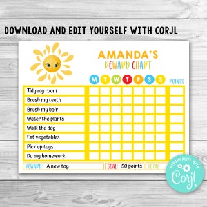 Editable Sunshine Reward Chart for Kids, Sunshine Routine Chart ...