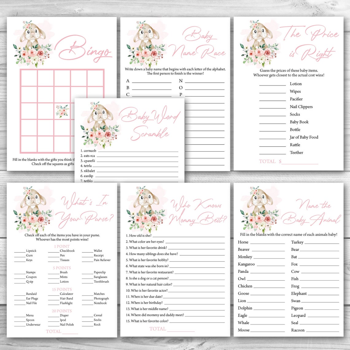 Girl Bunny Baby Shower Game Package 8 Printable Pink Bunny Baby Shower ...