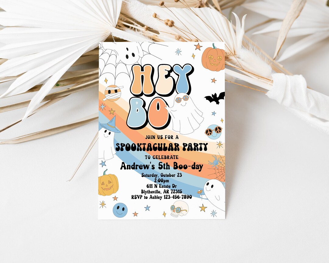 Editable Halloween Hey Boo Ghost Invitation Blue Retro Groovy Rainbow ...