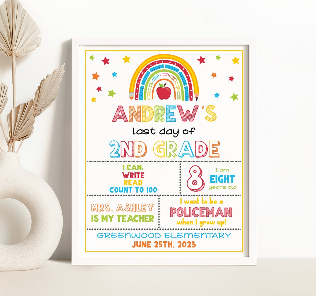 Editable Last Day of 2nd Grade Sign Personalized School Supply Rainbow ...