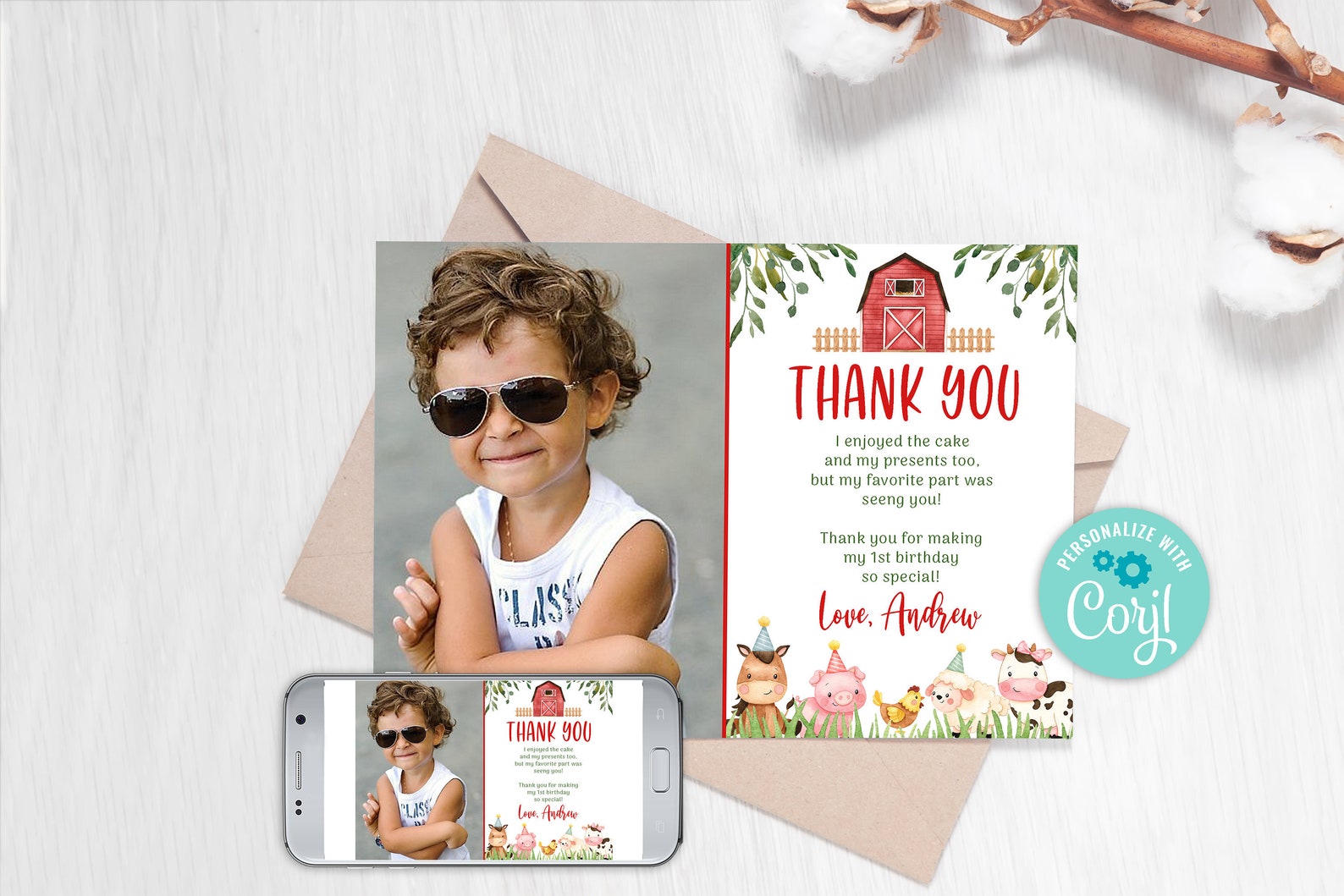 Editable Farm Thank You Card Red Farm Birthday Party Thank - Etsy