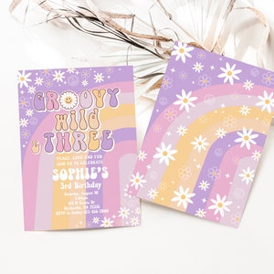 Editable Groovy Wild & Three Birthday Party Invitation Daisy Hippie 70 ...