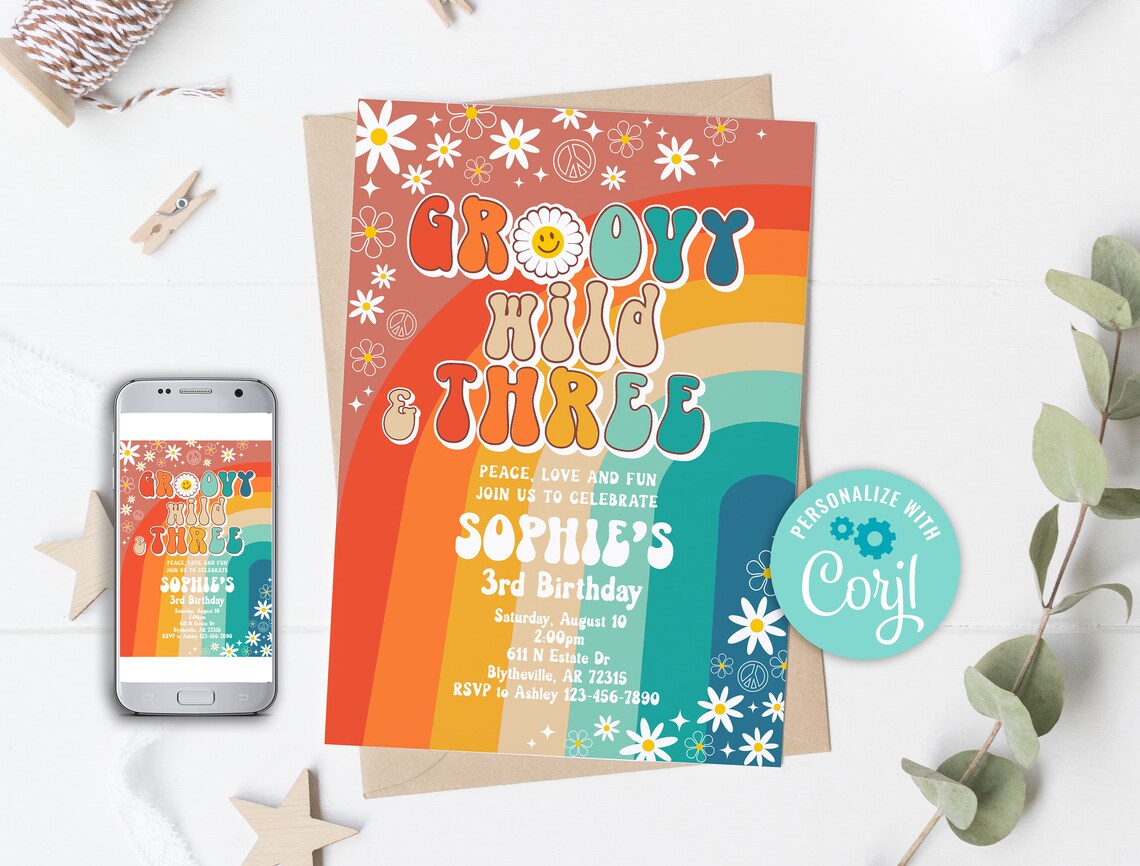 Editable Groovy Wild & Three Birthday Party Invitation Daisy | Etsy