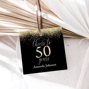 EDITABLE Cheers to 50 Years Favor Tag Black & Gold Glitter Favor Tag ...