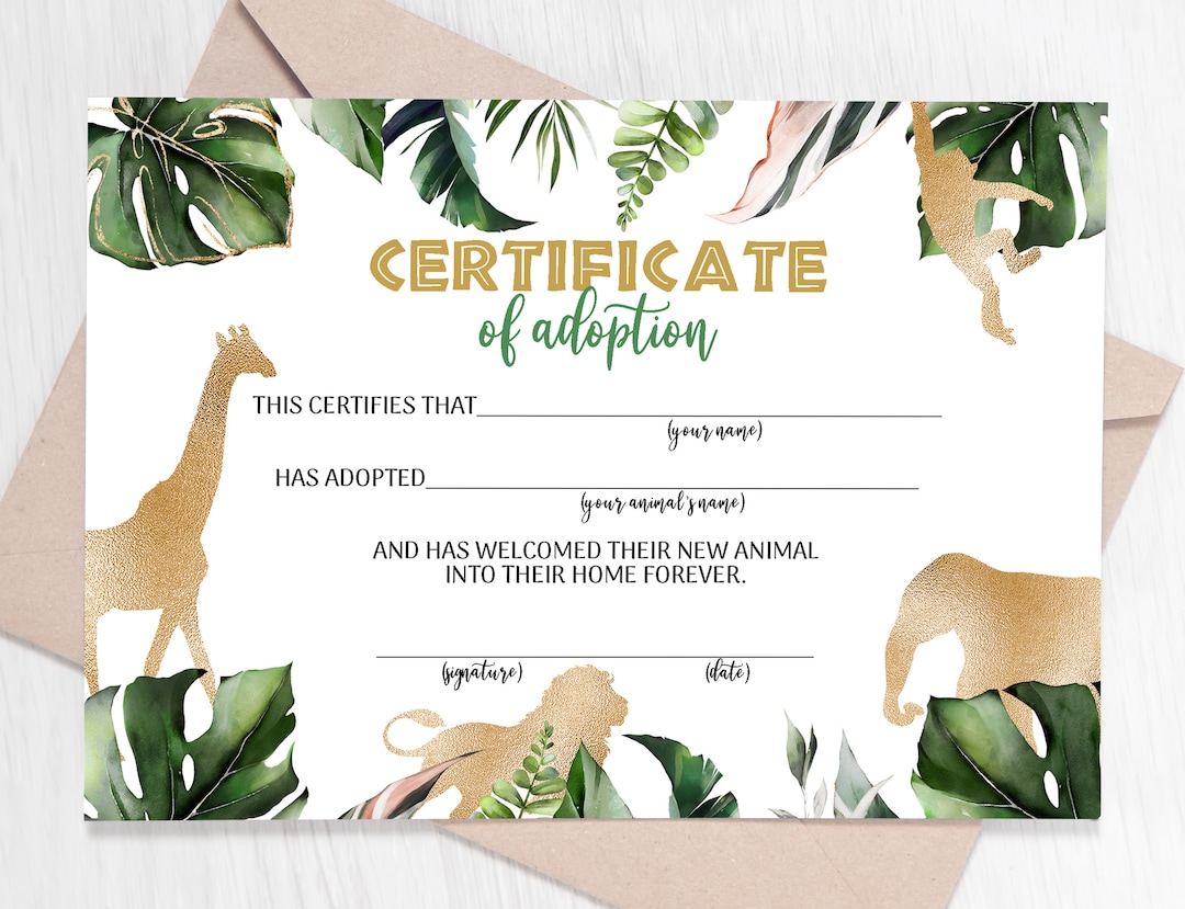 Adopt an Animal Adoption Certificate, Gold Animals Adoption Wild One ...