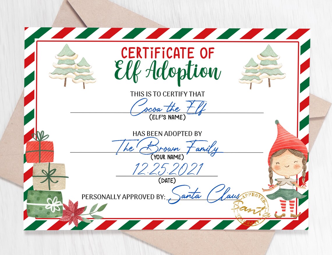 Adopt an Elf Certificate, Girl Elf Adoption Certificate, Christmas ...