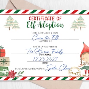 Adopt an Elf Certificate, Girl Elf Adoption Certificate, Christmas ...