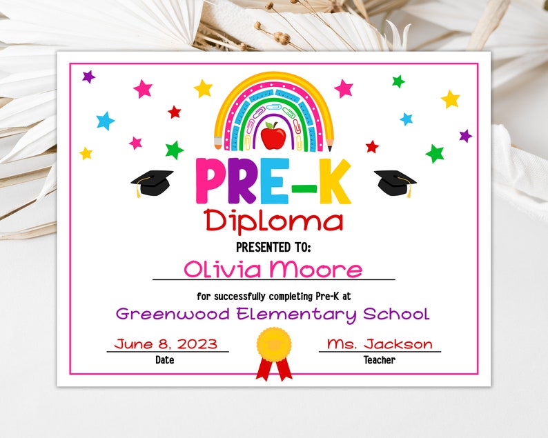 Editable Pre-k Diploma Graduation Pre-k Certificate School Graduation ...