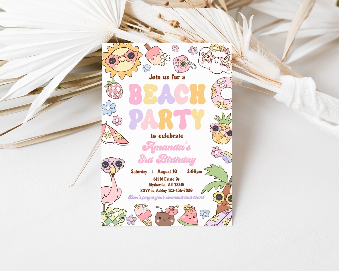 Editable Beach Birthday Party Invitation Girl Summer Party Invitation ...